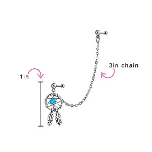 Blue Pink Native American Indian Western Jewelry Dream Catcher Feather Double Piercing Single Ear Cartilage Stud for Women Teen Surgical Steel 14G