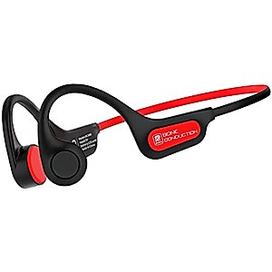 RR SPORTS Bone Conduction Headphones, Open Ear Bluetooth 5.3 Sport Earphones with Built-in Mic and MP3 Player 16G Memory, IPX8 Wireless Waterproof Headset for Swimming, Running, Cycling (Black-Red)