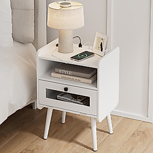 Masupu Nightstand with Charging Station,Mid-Century Modern Bedside Table with Storage Drawer and Open Wood Shelf,Small End Side Table with Glass Decorative Door for Bedroom,Living Room,White