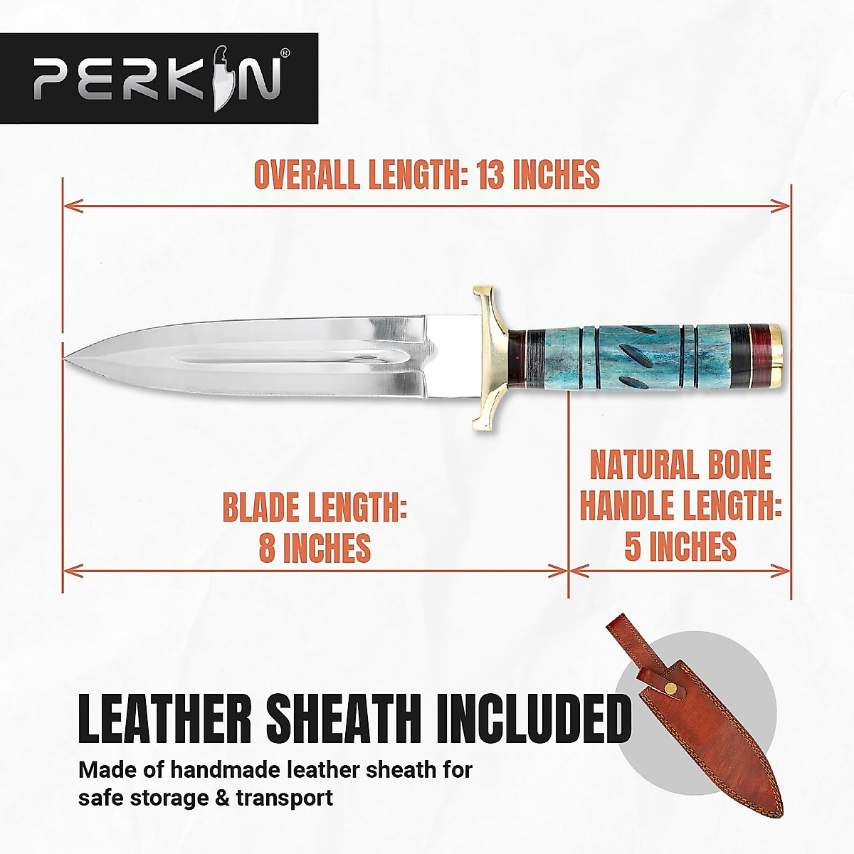 Perkin Hunting Knife - 13” Double Edge Knife - Handmade Knife With Leather Sheath - 440C Razor Sharp Steel Spear Point Blade with Colored Bone Handle for Camping, Tactical, and Survival