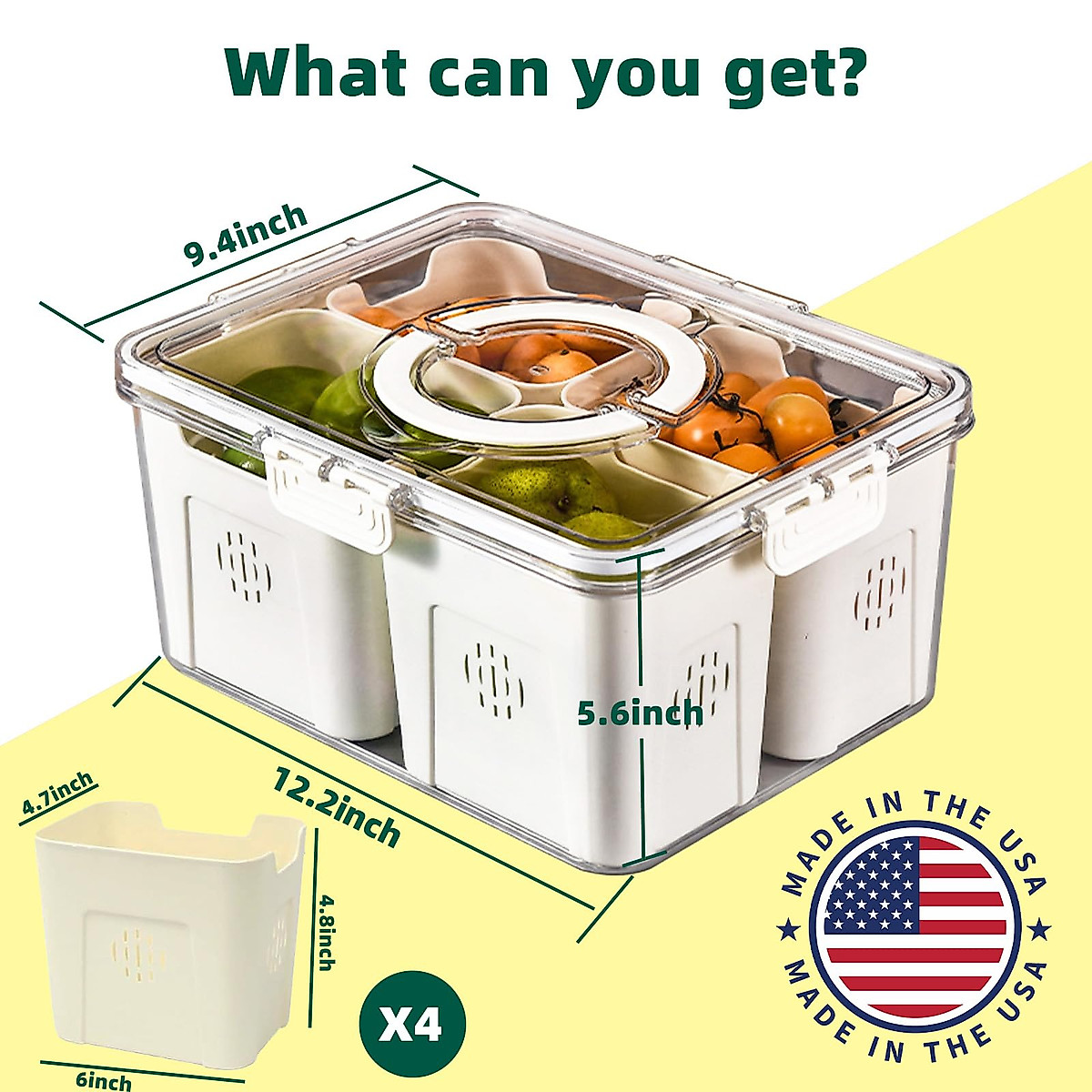 Fruit Storage Containers for Fridge with Lids & Handle, Airtight Fruit Organizer for Refrigerator with 4 Removable Colanders Stackable Fresh Produce Containers for Fridge for Vegetables(White)