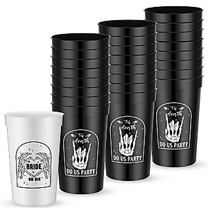 Zhehao 25 Pcs Bride or Die Bachelorette Party Themed Black White Cups 16 oz Skull Till Death Do Us Plastic Cup Reusable Bride Cups for Gothic Bridesmaid Bridal Shower Wedding Decorations Favors