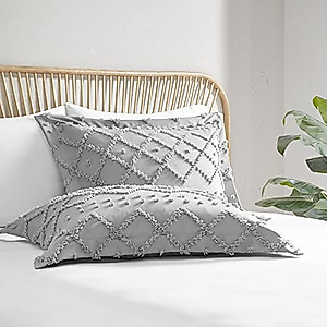 Codi Twyla Tufted Boho Duvet Cover Full/Queen Size, Grey Microfiber Bedding Set for All Seasons, Embroidery Shabby Chic Comforter Covers with Zipper, 3-Pieces Including Matching Pillow Shams(90"x 90")