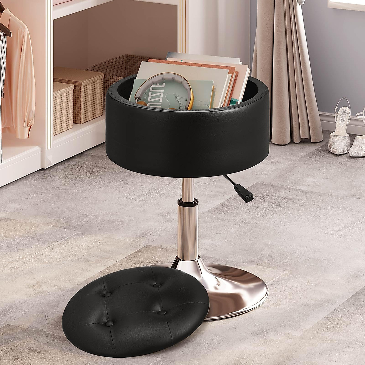 GREENSTELL Vanity Stool with Storage, 19" to 23" Height Adjustable PU Leather Vanity Chair, 360° Swivel Makeup Stool with Removeable Tray, Modern Ottoman for Bedroom Bathroom, Black