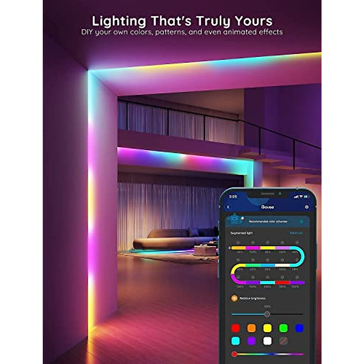 Govee Smart RGBIC LED Strip Lights 65.6ft, Alexa LED Light Strip Work with Google Assistant, Music Sync, DIY Multiple Colors on One Line, WiFi Color Changing LED Lights for Bedroom, Living Room