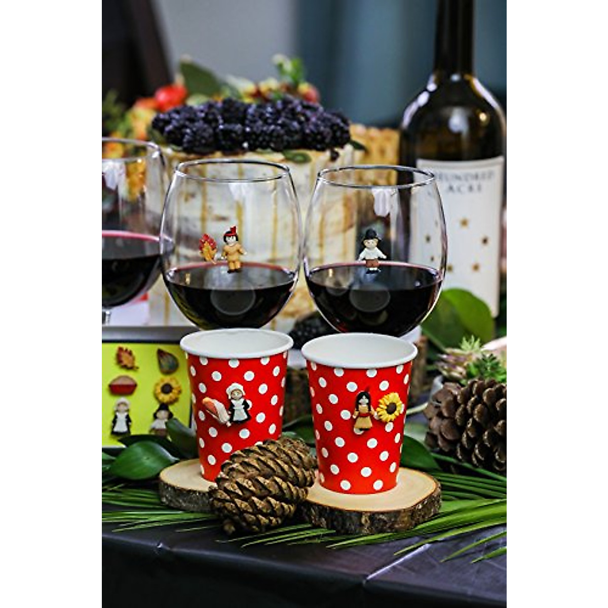 Thanksgiving Magnetic Wine Glass Charms Set of 12 Perfect Drink Markers for Stemless Glasses, Champagne Flutes & More - Great Hostess Gift