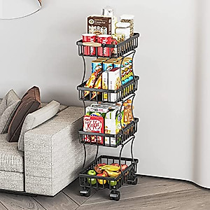 Wisdom Star 4 Tier Fruit Vegetable Basket for Kitchen, Storage Cart, Vegetable Basket Bins, Wire Storage Organizer Utility Cart with Wheels, Medium, Black