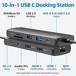 USB C Laptop Docking Station Dual Monitor,4K USB C Triple Display Docking Station,with Ethernet,3USB3.0,2 USB2.0,PD,USB C Port,SD/TF