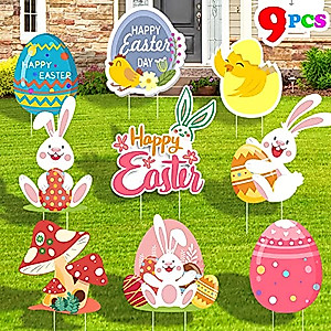 9 Pieces easter yard signs garden decorations outdoor, happy easter yard sign with Stakes, large ornaments for outside Corrugated Plastic Bunny Egg Chick