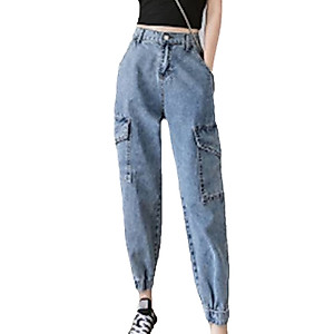 Women's High Waist Cargo Jeans Vintage Multi Pocket Pencil Denim Pants Boyfriend Washed Hip Hop Joggers Jean (Blue,Small)