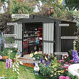 Evedy Outdoor Shed - 10 x 8 FT Storage Sheds Galvanized Metal Shed with Slide Door, Tool Storage Backyard Shed Bike Shed, Tiny House Garden Tool Storage Shed for Backyard Patio Lawn