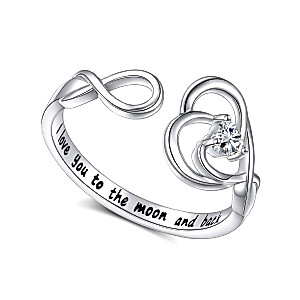 925 Sterling Silver Jewelry Engraved I Love You To The Moon and Back Love Heart Open Ring Size 7