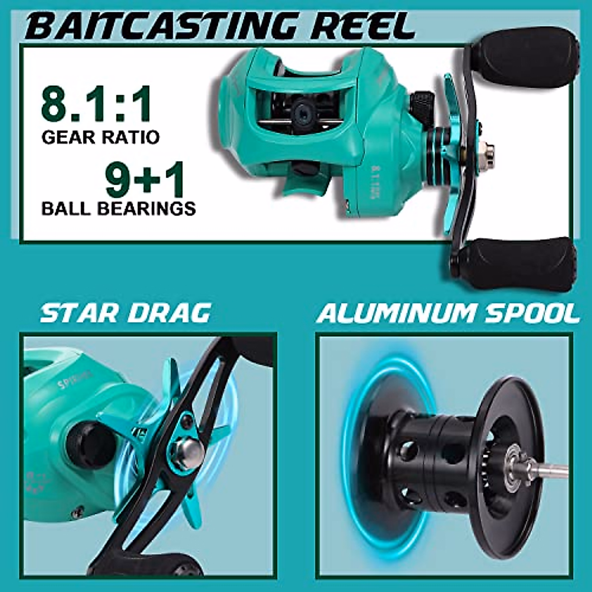 One Bass Fishing Rod and Reel Combo, 2-Piece Spinning&Baitcasting Combo,Medium IM6 Graphite Blank Rods, Stainless Steel Guides- Casting - 6'0"- Right Handed