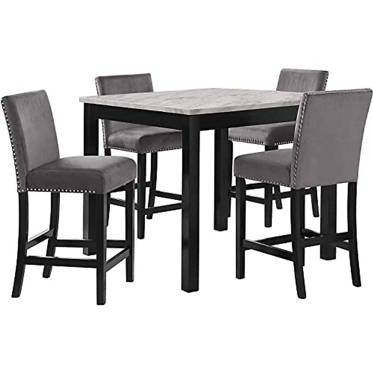 New Classic Furniture Celeste Faux Marble Counter Dining Table with Four Chairs, 5-Piece, Gray