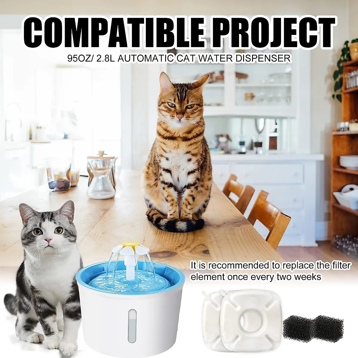 8pcs Pet Fountain Filters, Transparent Cat Water Fountain Filter with 8 Filtration Replacement Pre-Filter Sponges Cat Fountain Filters Compatible for Veken 95oz Pet Cat Dog Water Dispenser