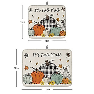 LIFEMUSION Thanksgiving Pumpkin Dish Drying Mat for Kitchen Counter, Fall Harvest Maple Leaf Autumn Sunflower Baby Bottle Microfiber Drying Pad, Absorbent Coffee Cup Dishes Drainer Mats 16''x18''