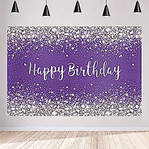 Aperturee 5x3ft Glitter Purple Diamonds Happy Birthday Backdrop Shinning Silver Bokeh Dots Women Girls Photography Background Sweet 16 Party Decorations Cake Table Banner Supplies Photo Booth Studio