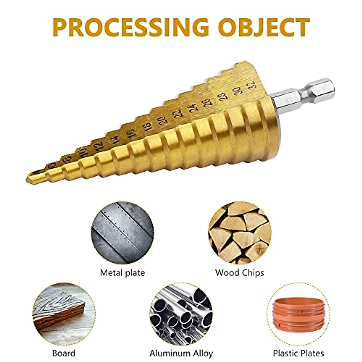 PRECIHW 15 Sizes Step Drill Bit, 4mm-32mm (3/16" to 1-1/4") Titanium Coated Multi Step Drill Bits for Sheet Metal Hole Drilling, HSS Multi Size Unibit Drill Bits for Metal, Aluminium and Wood