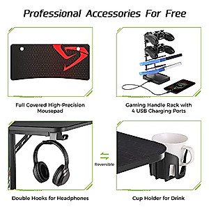 Eureka Ergonomic 60'' Gaming Desk, T-Shaped Carbon Fiber Surface Computer Desk with Free Mouse Pad,Large PC Gamer Desk Gaming Table with USB Handle Rack Cup Holder Headphone Hook,Black