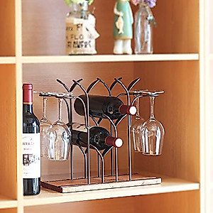 Tabletop Wood Wine Holder, Countertop Wine Rack, Hold 4 Wine Bottles and 4 Glasses, Perfect for Home Decor & Kitchen Storage Rack, Bar, Wine Cellar, Cabinet, Pantry, etc, Wood & Metal (Bronze)