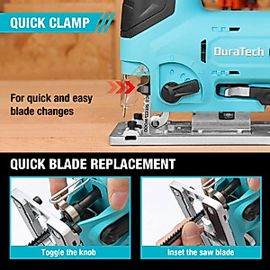 DURATECH Cordless Jig Saw, 20V Electric Jigsaw with 4.0A Battery and Charger, 2800 SPM Adjustable Speed, ±45° Bevel, Dust Blower and 7Pc Blades, Jigsaw Tool Kit for Wood, Metal and Plastic Cutting