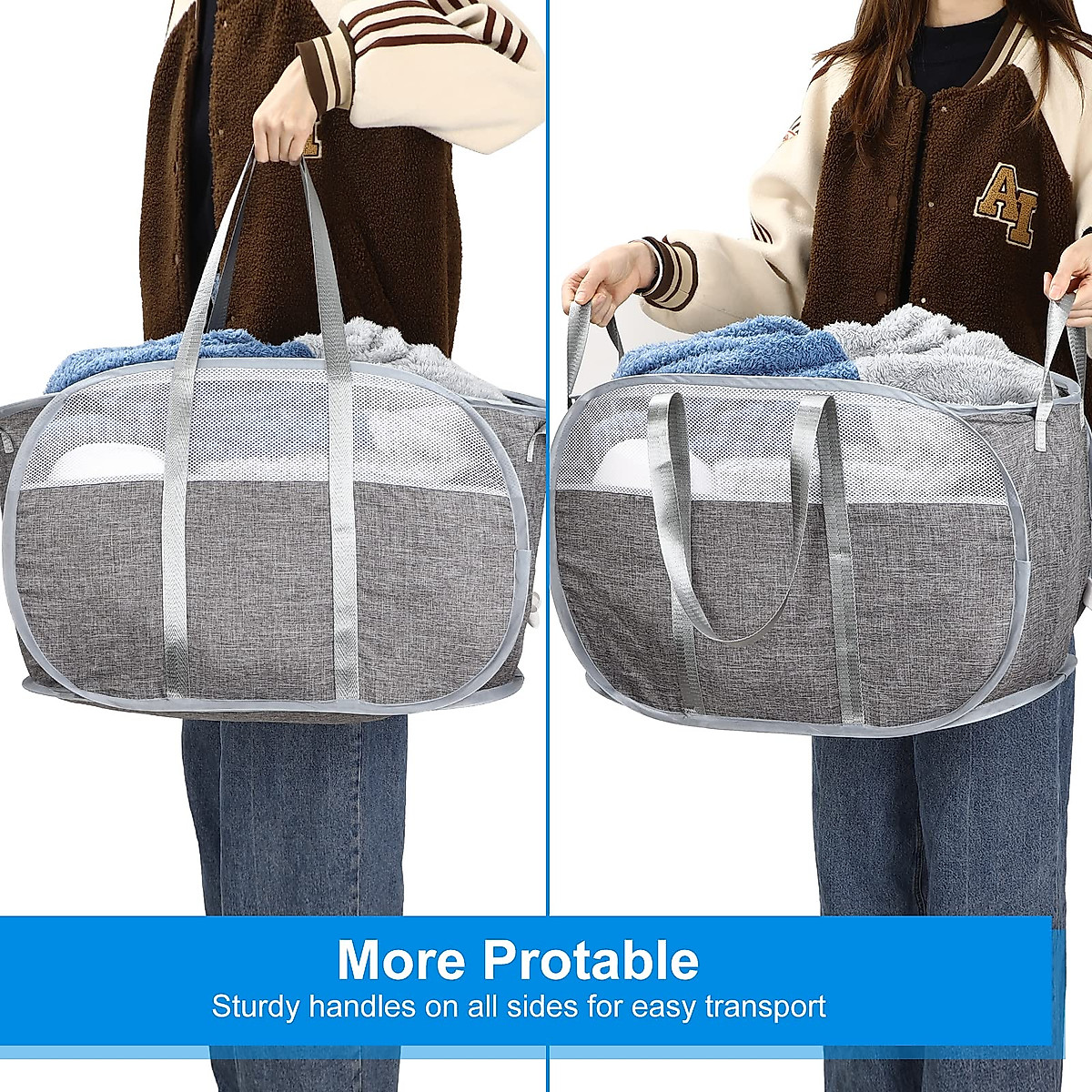 Ceuku 65L Collapsible Laundry Basket 2 Pcs Pop Up Laundry Hampers with 4 Reinforced Carry Handles, Foldable Laundry Basket for Clothes, Toys, Easy to Carry and Go Up or Down Stairs Mesh Laundry Basket