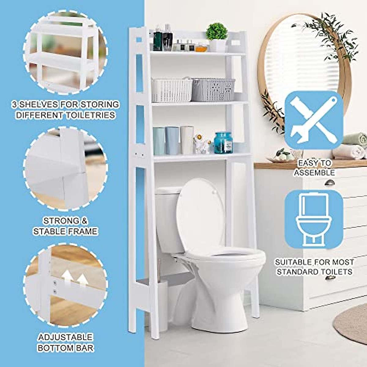 ZenStyle Over The Toilet Storage, 3-Tier Bathroom Space Saver Organizer Rack, Freestanding Above Toilet Stand for Bathroom, Laundry, Restroom, White