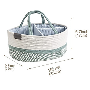 DECOMOMO Green Diaper Caddy, Nappy Caddy, Woven Baby Basket (Sage Green & White, Large)