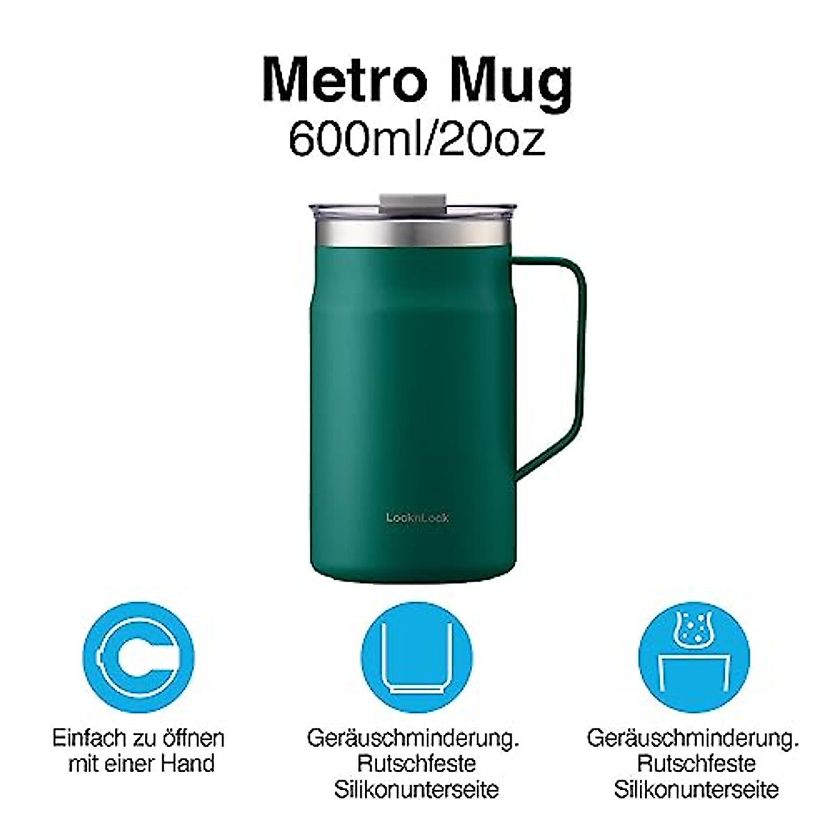 LocknLock Metro Mug Premium 18/8 Stainless Steel Double Wall Insulated with Handle Perfect for table with Lid, Yellow, 20 oz