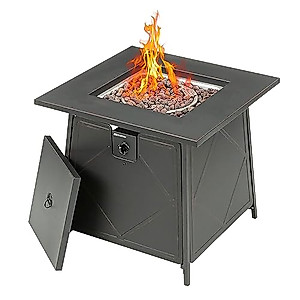 Four Seasons Courtyard Dual Heat 28 Inch Steel Square Gas Outdoor Backyard Tabletop Fire Pit with Lava Rocks and Steel Cover Lid, Black