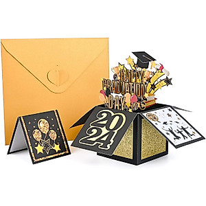 POPGIFTU 2024 Graduation Pop Up Card, Black Gold Pop Up Congrats Grad 2024 Greeting Card with Envelope, Congratulations Graduation Gifts for 2024 High School College University Graduates