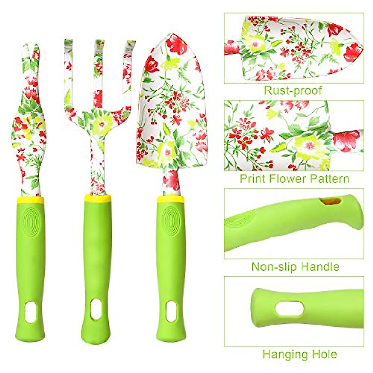 Garden Tool Set, 6 PCS Heavy Duty Aluminum Gardening Hand Tools Kit, Floral Print Gardening Tool Set, Gardening Gifts for Women with Pruning Shears Weeder Hand Rake Shovel Transplanter Cultivator