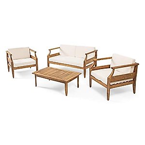 Christopher Knight Home Caitlyn Outdoor 4 Seater Chat Set with Cushions, Teak Finish, Cream