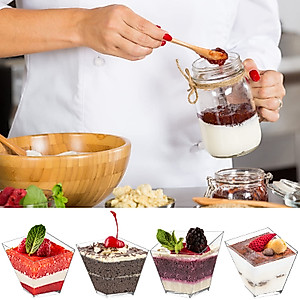 Fasmov Dessert Cups with Spoons, 100 Pack 4oz Square Clear Plastic Parfait Appetizer Cup, Plastic Tumbler Cups Pudding Cups for Fruit, Desserts, Mousse, Ice Cream