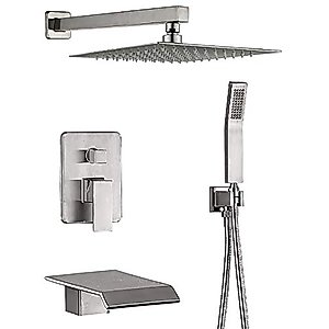 DMDMBATH Shower System Brushed Nickel Shower Faucet Set 3-Function Bathroom Shower Fixtures with Waterfall Tub Spout Wall Mount 10 inch Rain Shower Head (Brushed Nickel)…