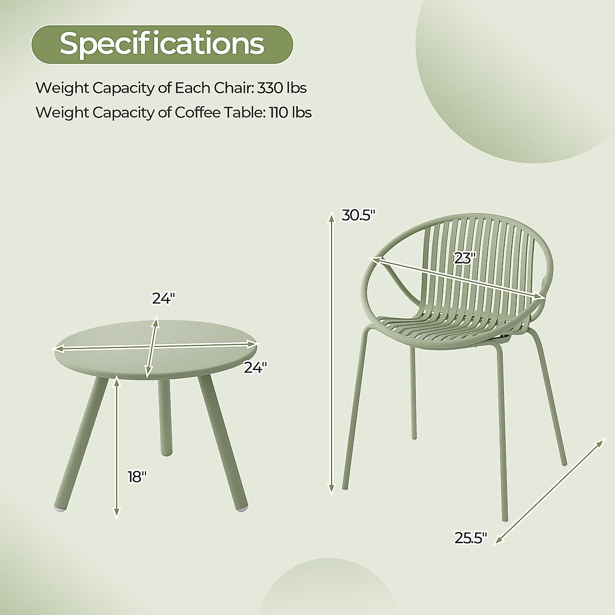 Tangkula 3 Pieces Bistro Set, All Weather PP Patio Conversation Set, Heavy-Duty Metal Frame Outdoor Acapulco Chair Set w/Round Coffee Table, 2 Chairs and Side Table Set for Deck, Balcony (Green)