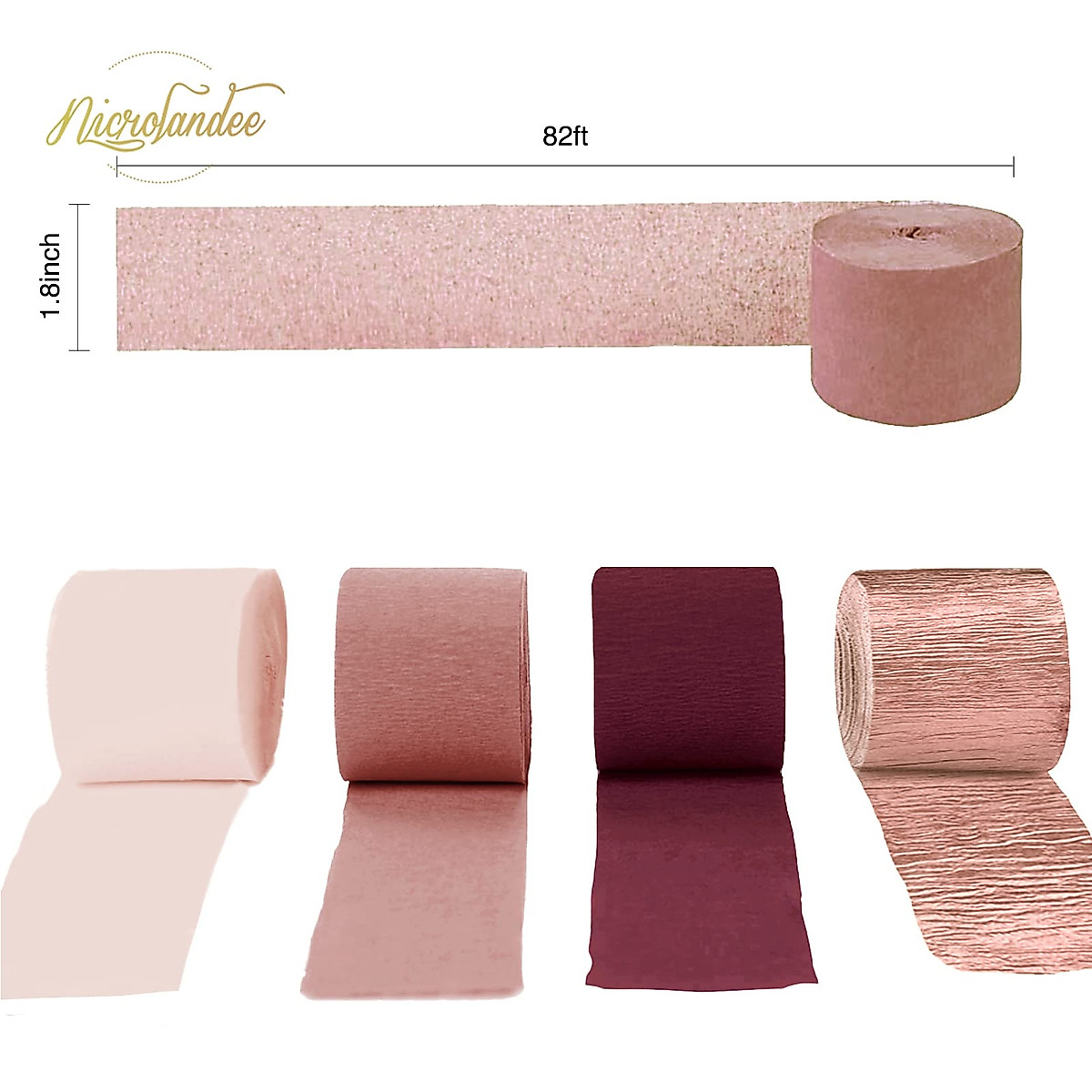 NICROLANDEE 8 Rolls Burgundy Rose Gold Crepe Paper Streamer Rolls for Birthday Wedding Engagement Bridal Shower Bachelorette Anniversary Valentine's Day Decorations