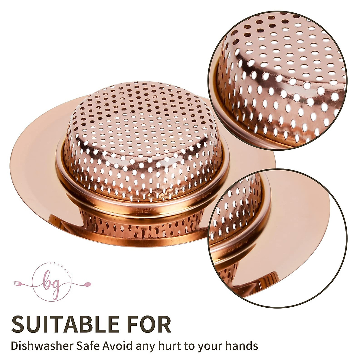 BLAGAIN 2PCS Kitchen Sink Strainer, Stainless Steel Sink Drain Strainer, Food Catcher for Most Sink Drains Basket, 4.5 Inch Diameter, Rose Gold