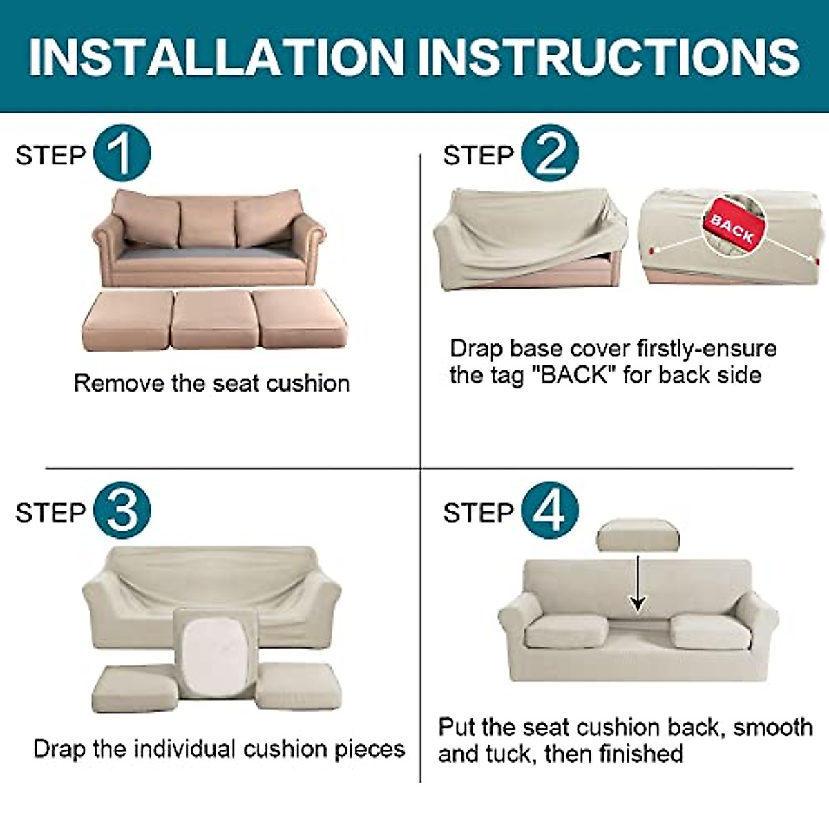 4 Piece Sofa Covers for 3 Cushion Couch Sofa Slipcover Soft Couch Cover for Dogs-Washable Sofa Furniture Covers with 3 Individual Cushion Covers, Feature Jacquard Fabric (3 Cushion Sofa, Island Fossi)