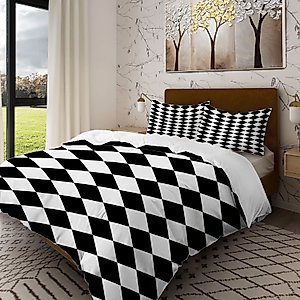 Batmerry Black White Diamond Queen Size 3 Pieces Bedding Comforter Cover Sets,Soft Fluffy Abstract Black and White Harlequin Pattern Printed Duvet Cover for All Season