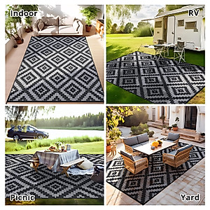 Outdoor Camping Rug Waterproof 6x9FT, Large Reversible Stain&UV Resistant Plastic Straw RV Rug for Outside Patio Pool Deck Beach Indoor, Area Carpet Mat with Portable Bag&4 Stakes-Black Grey Rhombus