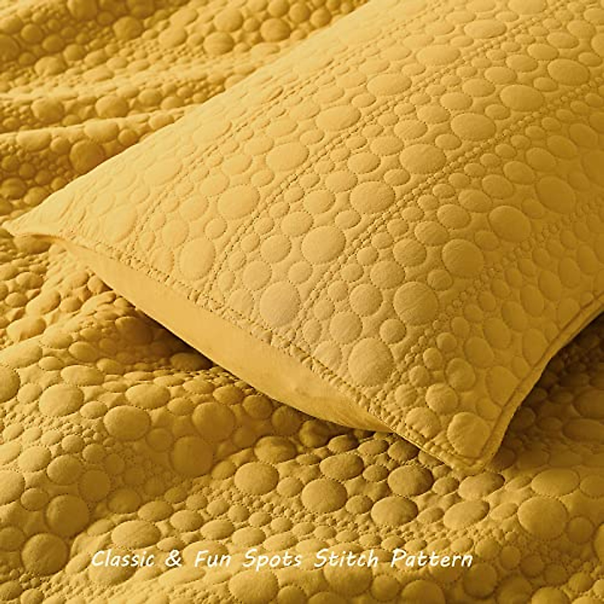 Quilt Set Queen Size Yellow, Classic Geometric Spots Stitched Pattern, Pre-Washed Microfiber Coverlet Ultra Soft Lightweight Quilted Bedspread for All Season, 3 Pieces