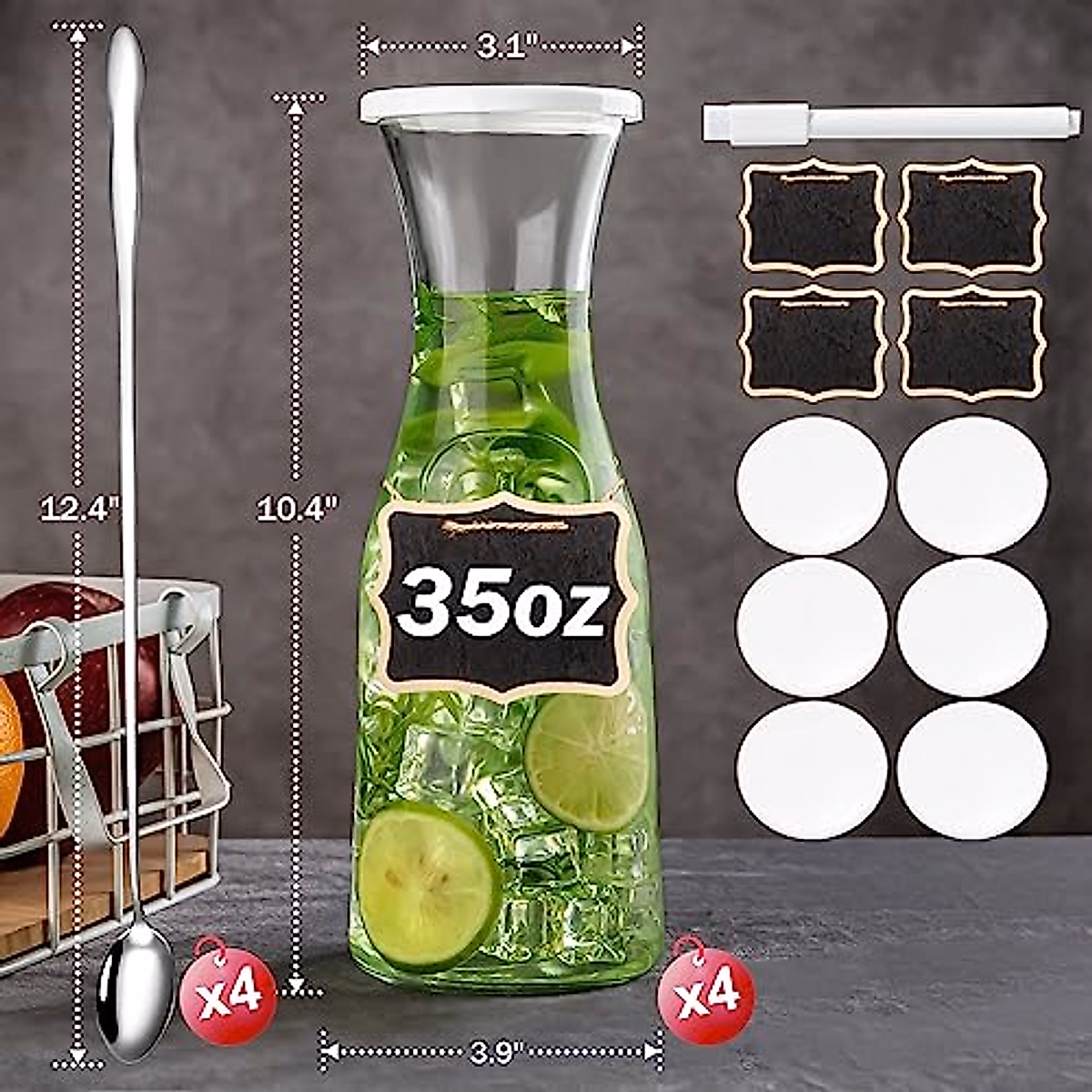 Glass Carafe 4 Pack, Goldarea 35 Oz Water Carafe with 6 Lids, 1 Liter Glass Pitcher, Beverage Jugs, Carafe Set for Mimosa Bar Supplies, 4 Long-Handled Mixing Spoons and Chalkboard Label