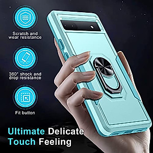 Google Pixel 6a 5G Case with Screen Protector + Camera Lens Protector,Heavy Duty Shockproof Full Body Protective Phone Cover,Built in Rotatable Magnetic Ring Holder Kickstand,2022 Mint Green