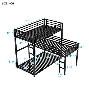 CKLMMC Metal Triple Bunk Bed,Twin Size L-Shaped Bunk Bed,Metal 3 Bed Bunk Beds Frame Attached Twin Loft Bed with Ladder and Full-Length Guardrails for Boys Girls Teens