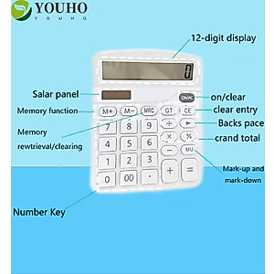 YOUHO Calculator, 12-bit Solar Battery Dual Power Standard Function Electronic Calculator with Large LCD Display Office Calculator White