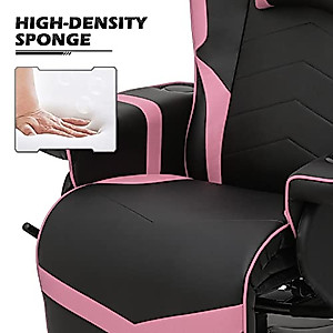 MoNiBloom Massage Gaming Recliner Chair with 2 Speakers Ergonomic Game Chair Neck Support and Widened Armrests with Built-in Cup Holders, Tilt & Swivel Comfortable Gaming Chair with Storage Bag, Pink
