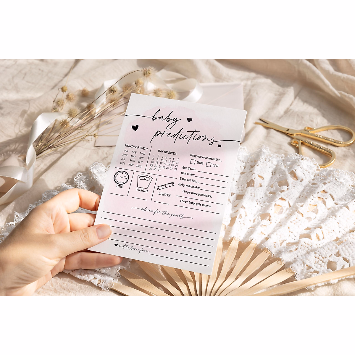 Your Main Event Prints 50 Baby Predictions Cards - Minimalist - Baby Shower Game, New Mom & Dad Card, New Parent Message Advice Book, Fun Party (Pink)