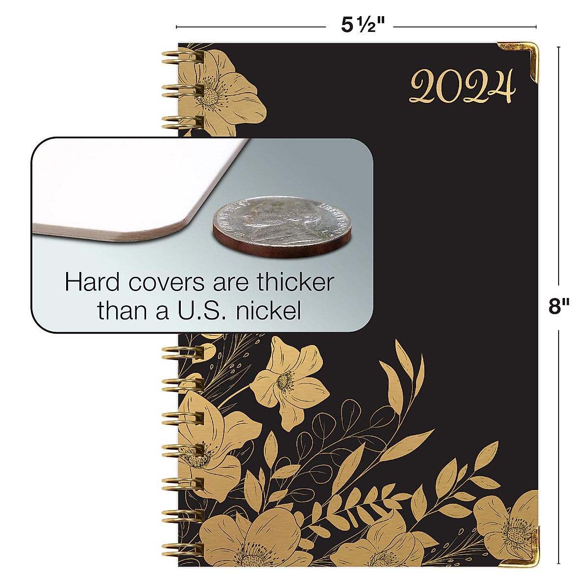 HARDCOVER 2024 Planner: (November 2023 Through December 2024) 5.5"x8" Daily Weekly Monthly Planner Yearly Agenda. Bookmark, Pocket Folder and Sticky Note Set (Golden Floral)