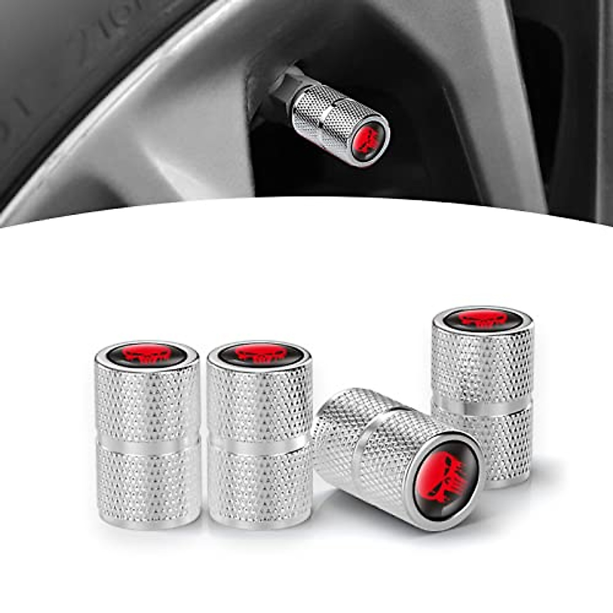 Ajxn Pack-4 Car Tire Valve Stem Caps, Skull Seal Tire Valve Caps for Most Cars, SUVs, Trucks and Bikes (Silver)